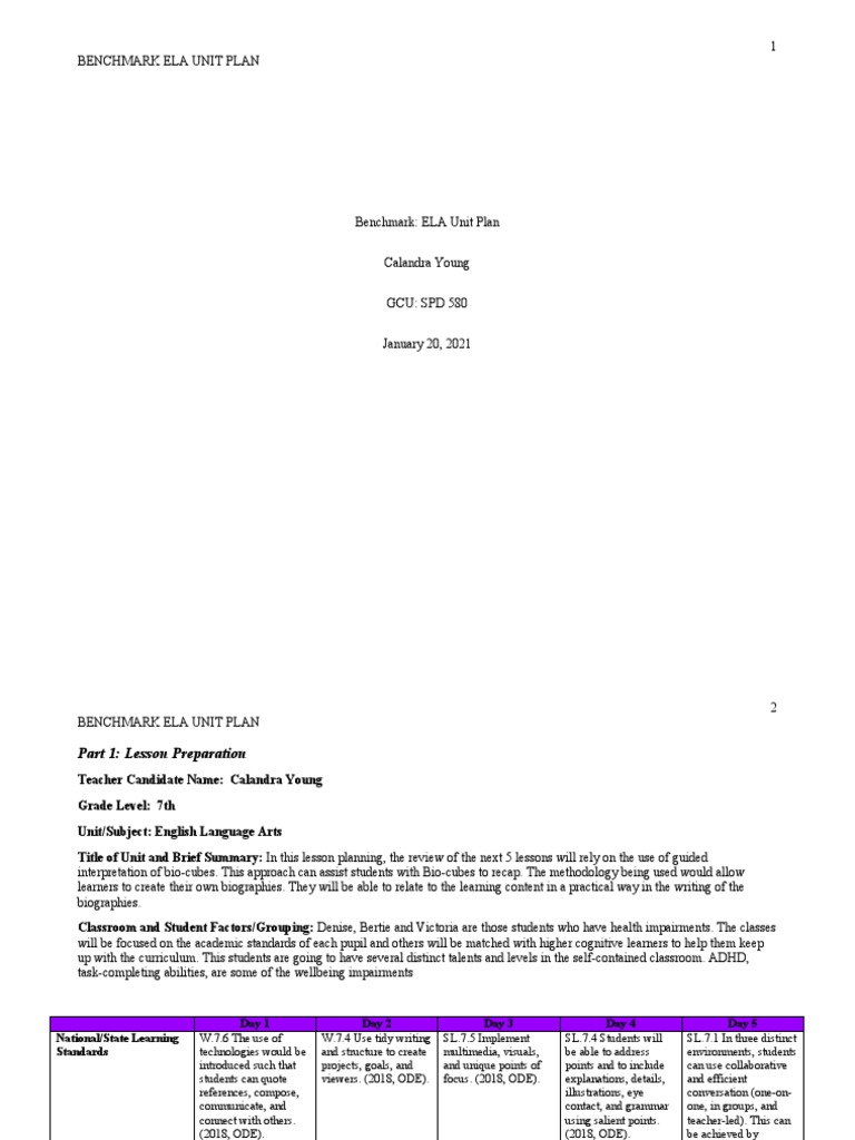 SPD580 Benchmark-ELA Unit Plan CYoung | PDF | Reading Comprehension ...