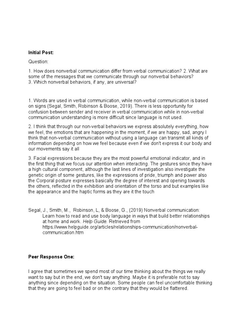 Example of Discussion Post and Peer Reponses | PDF | Nonverbal ...