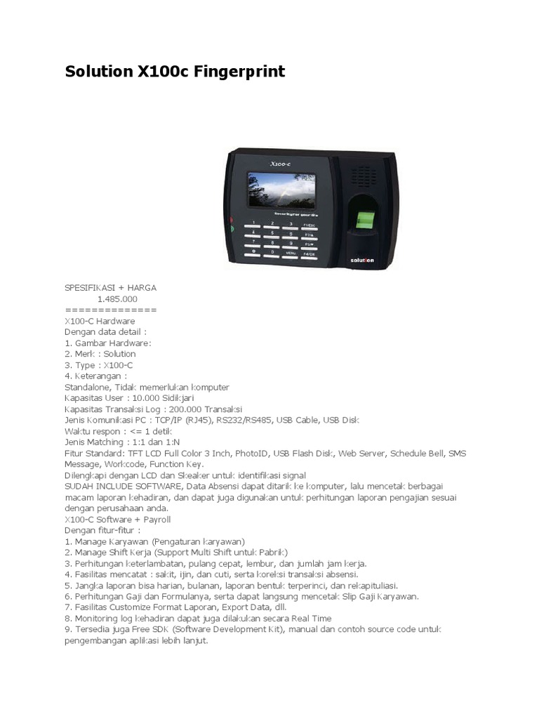 Software dan Spesifikasi X100c Fingerprint | PDF | Bisnis