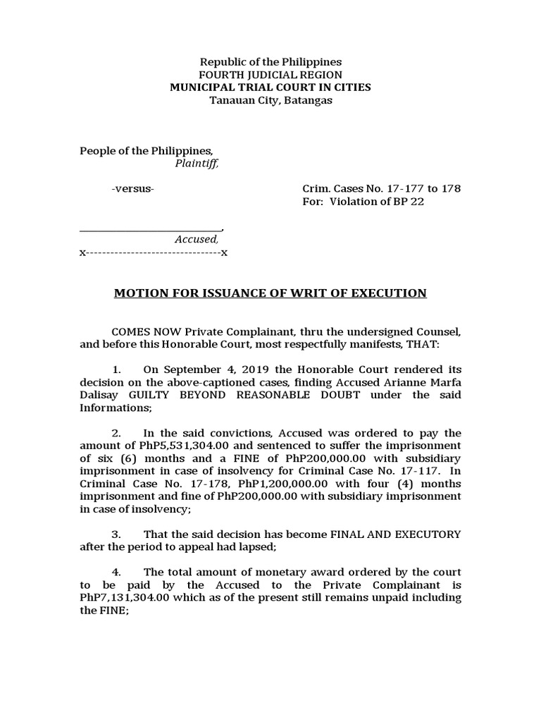 Motion For Issuance of Writ of Execution | PDF | Fine (Penalty ...