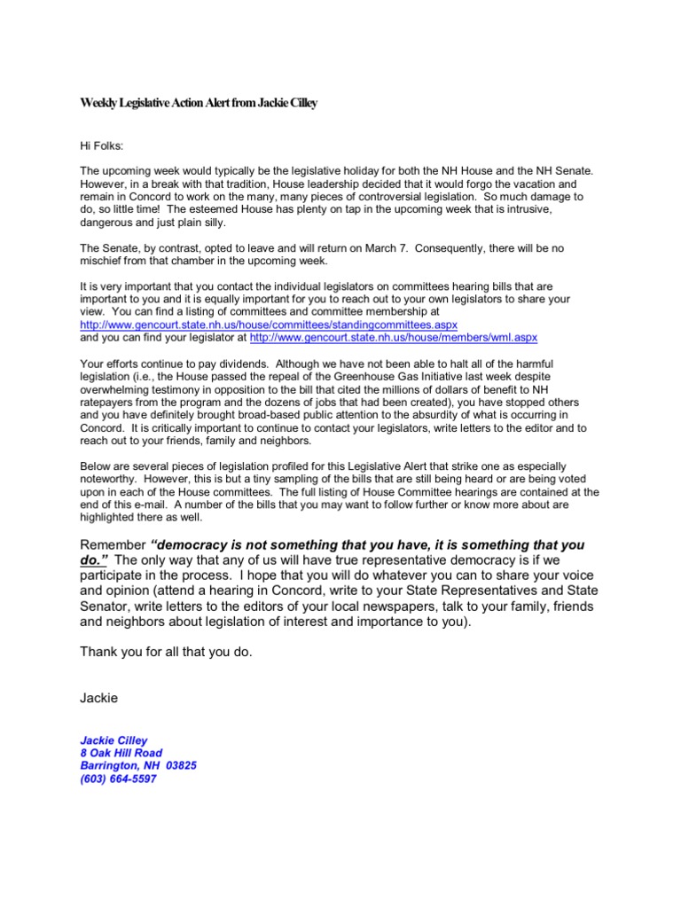 Weekly Legislative Action Alert From Jackie Cilley 2-28-2011 | PDF ...