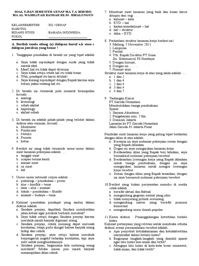 Soal Ujian Bahasa Indonesia Semester Genap Ma Kelas Xii | PDF