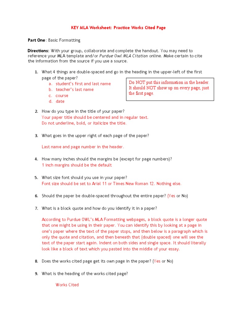 KEY MLA Practice Questions Review Worksheet | PDF | Written ...
