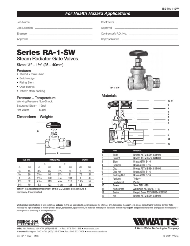 Series RA-1-SW: Steam Radiator Gate Valves | PDF | Technology & Engineering