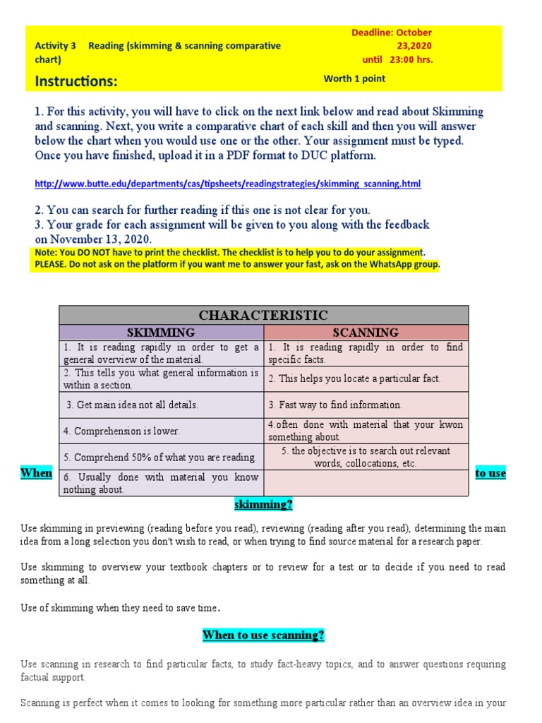 Activity 3. Reading Skimming & Scanning Comparative Chart | PDF | Speed ...