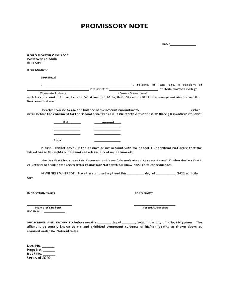 Promissory Note: Iloilo Doctors' College | PDF
