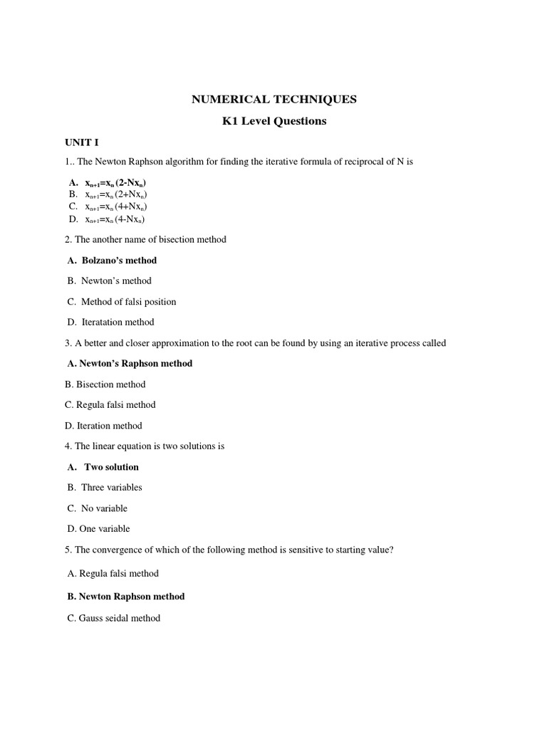 Numerical Techniques K1 Level Questions: Unit I | PDF | Finite Difference | Numerical Analysis