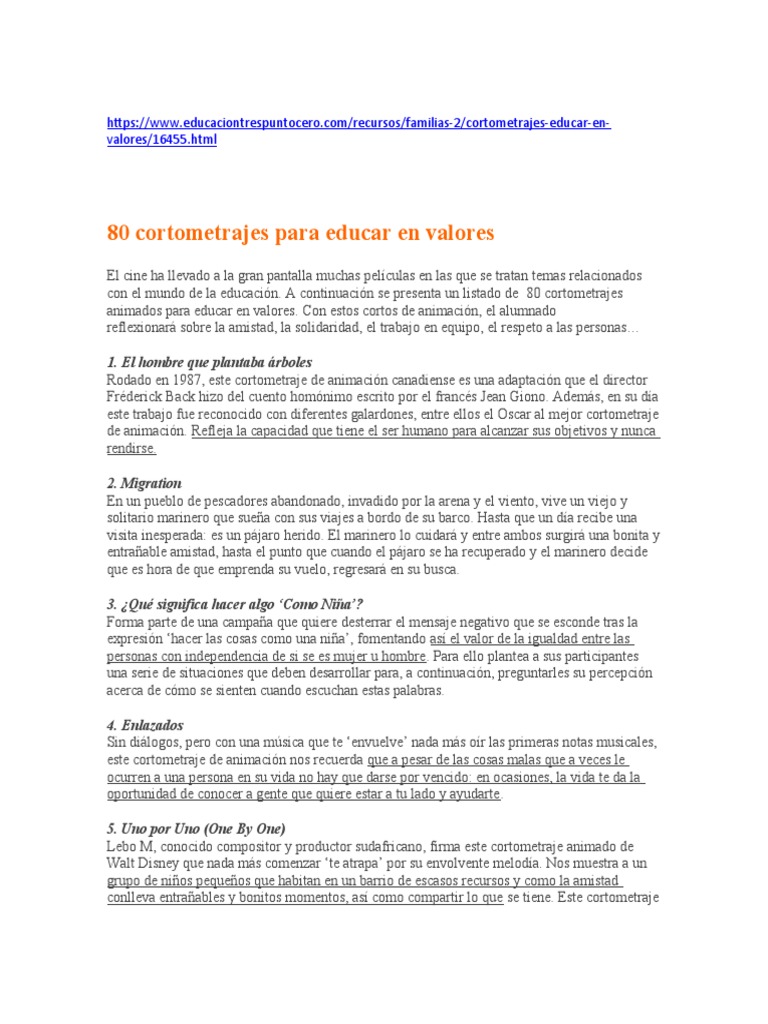 80 Cortometrajes Para Educar En Valores Pdf Teoria De La Mente