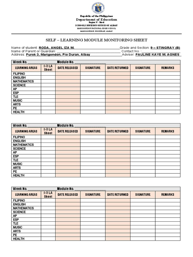 Student Module Monitoring Sheet | PDF | Science | Science And Technology