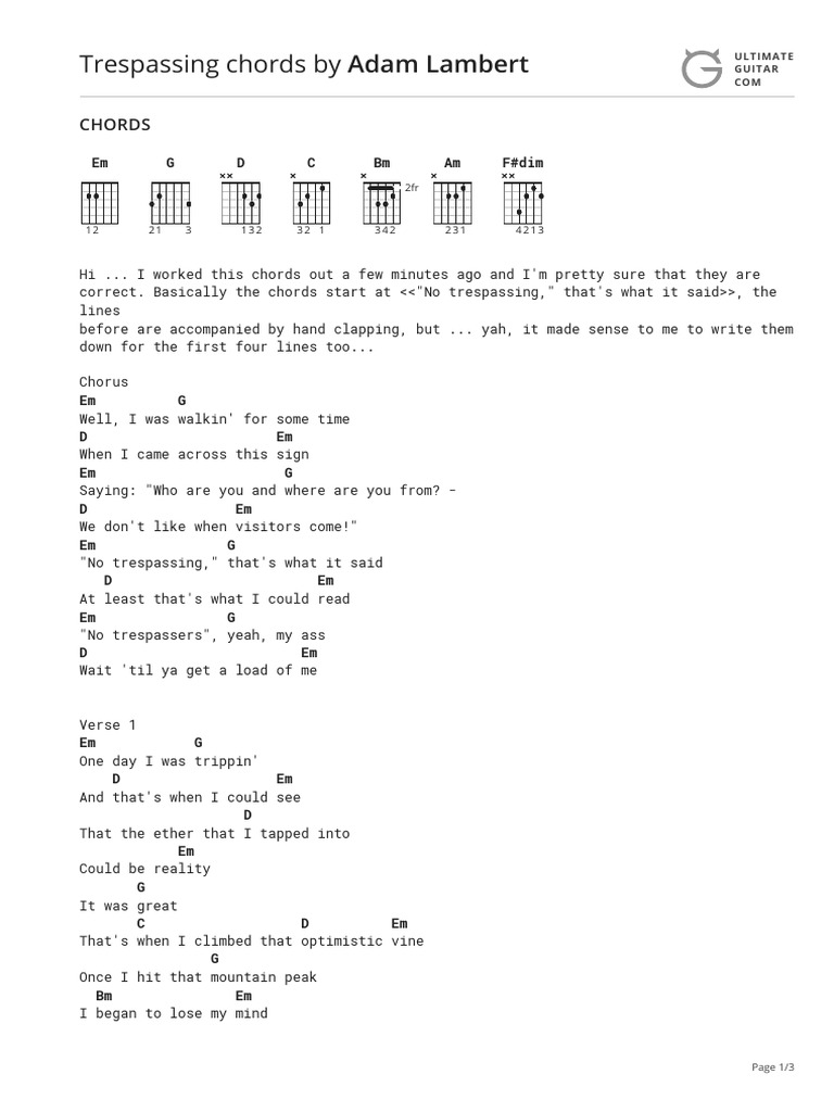 Adam Lambert Trespassing Chords | PDF | Song Structure | Recorded Music