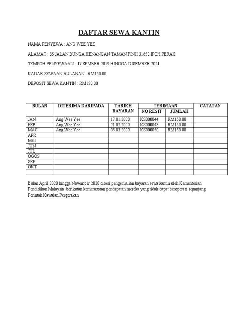 Daftar Sewa Kantin | PDF