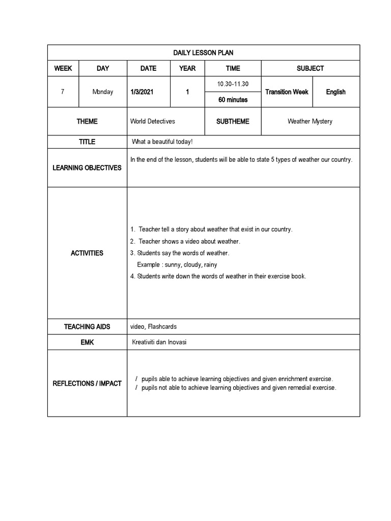 Rph Transisi English Y1 Pdf Lesson Plan Pedagogy