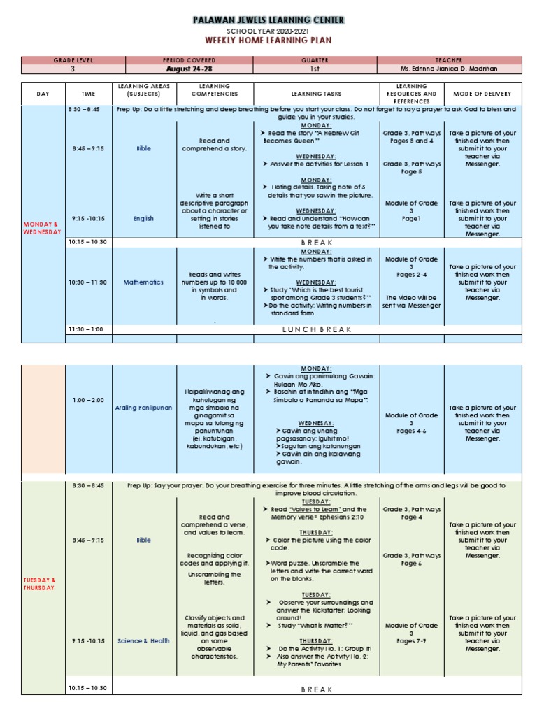 Weekly Home Learning Plan: Palawan Jewels Learning Center | PDF