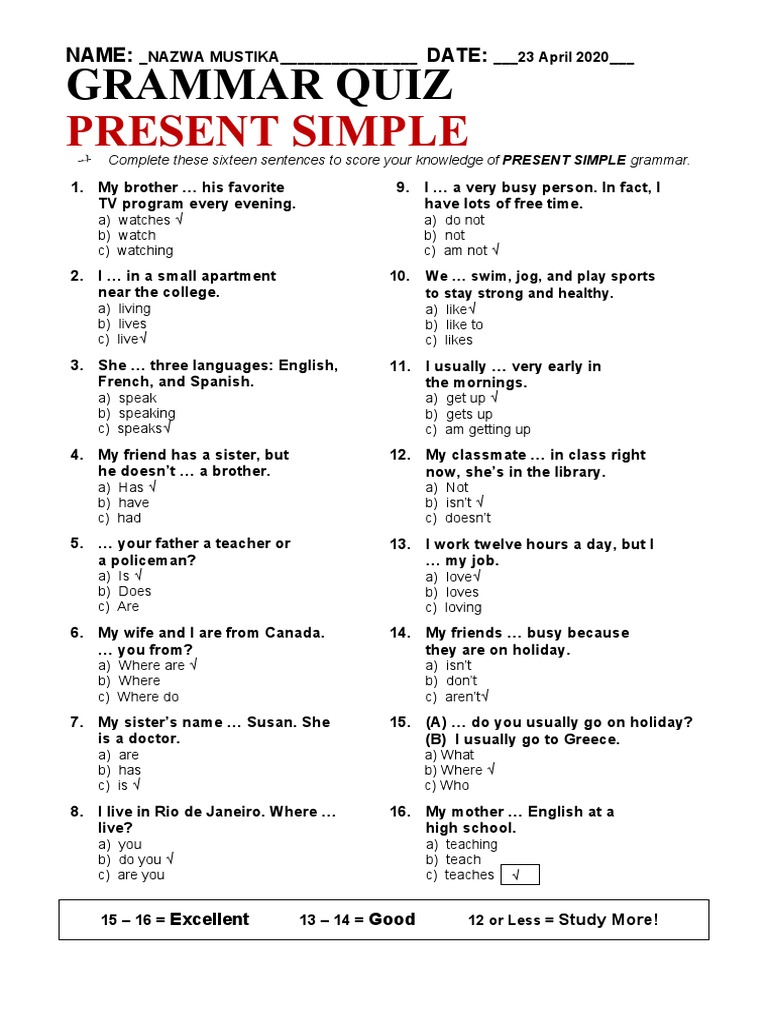 Grammar Quiz Present Simple | PDF | Cognition | Cognitive Science