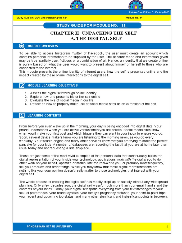Chapter Ii: Unpacking The Self A. The Digital Self: Study Guide For ...