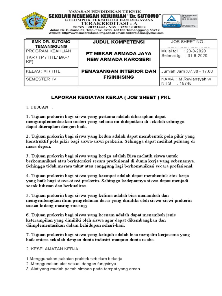 Contoh Jobsheet Praktek SMK Otomotif | PDF | Karier & Perkembangan