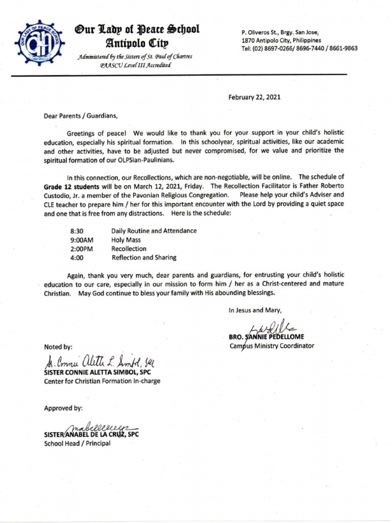 Grade 12 Recollection Letter To Parents | PDF