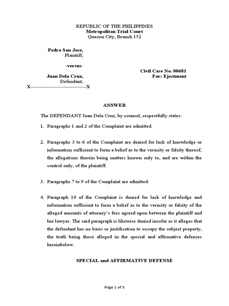 Answer To Unlawful Detainer | PDF | Lawsuit | Complaint