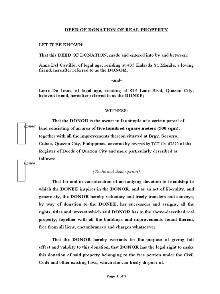 Deed of Donation of Real Property: Signed | Download Free PDF | Real ...