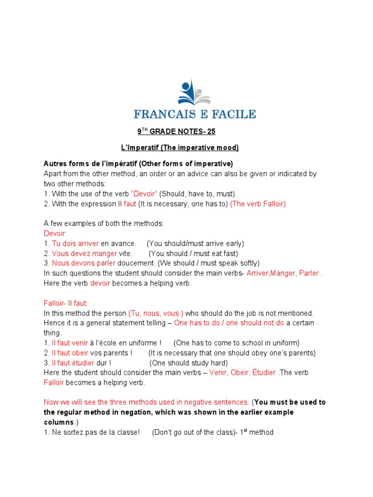 9 Grade Notes-25 L'Imperatif (The Imperative Mood) Autres Forms de L ...
