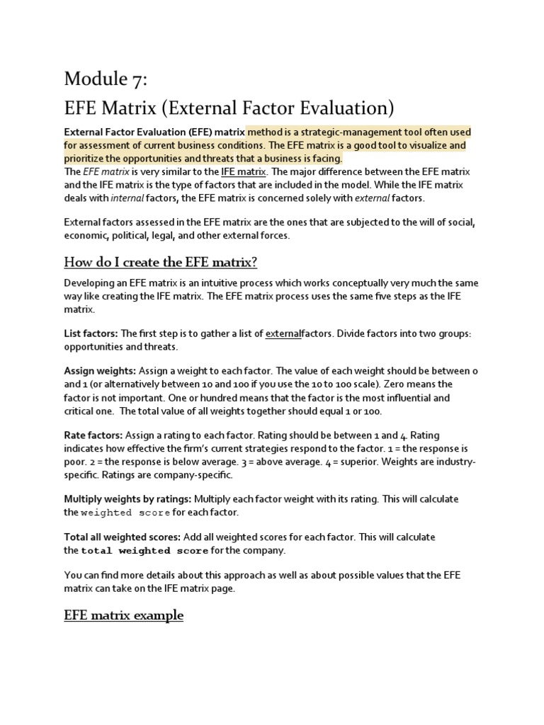 EFE Matrix (External Factor Evaluation) | PDF | Strategic Management ...