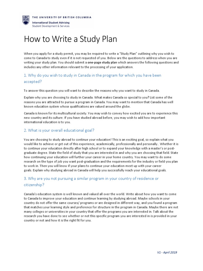 How To Write A Study Plan (V1 - April 2019) | PDF | International ...