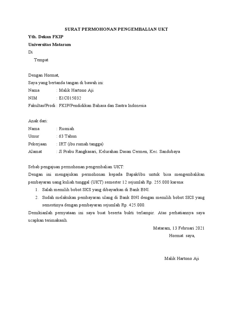 Surat Permohonan Pengembalian Ukt | PDF