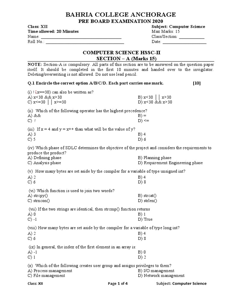 Updated COMPUTER HSSC II Pre Board 2020 | PDF | Subroutine | Scope ...