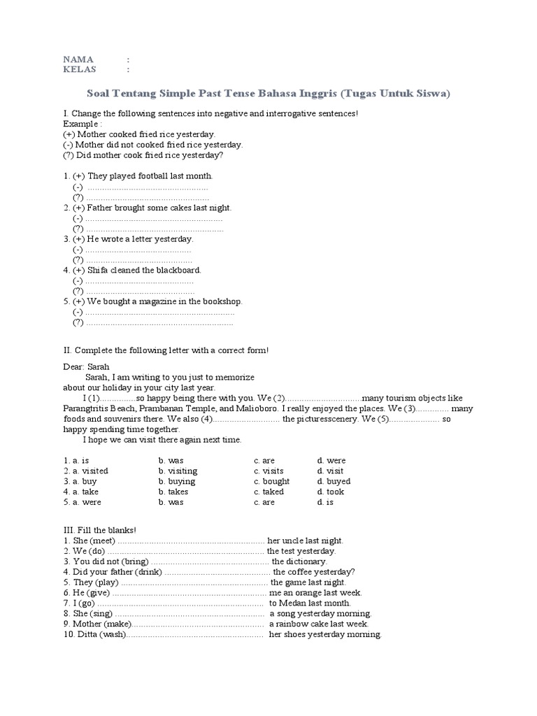 Soal Tentang Simple Past Tense Bahasa Inggris (Tugas Untuk Siswa) | PDF ...