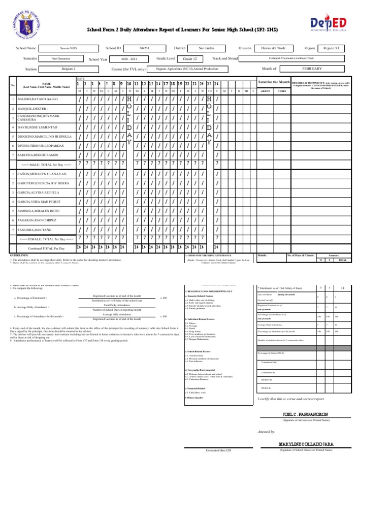 School Form 2 Daily Attendance Report of Learners For Senior High ...