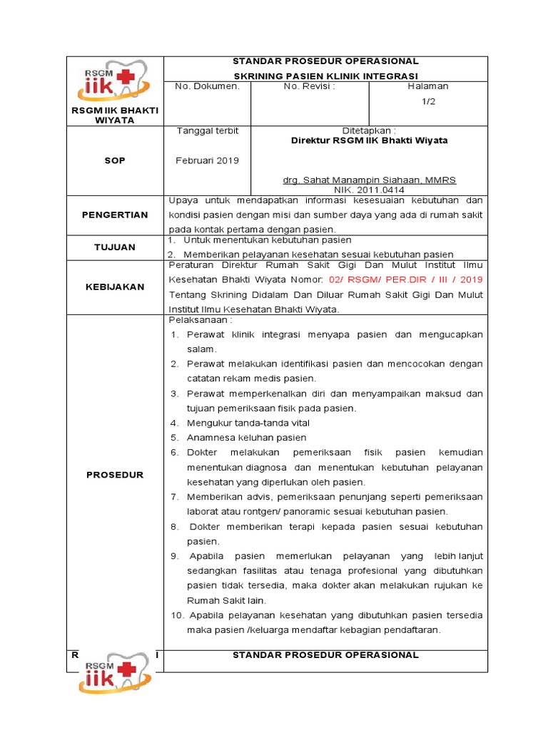 Sop Skrinning Pasien Klinik Integrasi | PDF | Pengembangan Diri