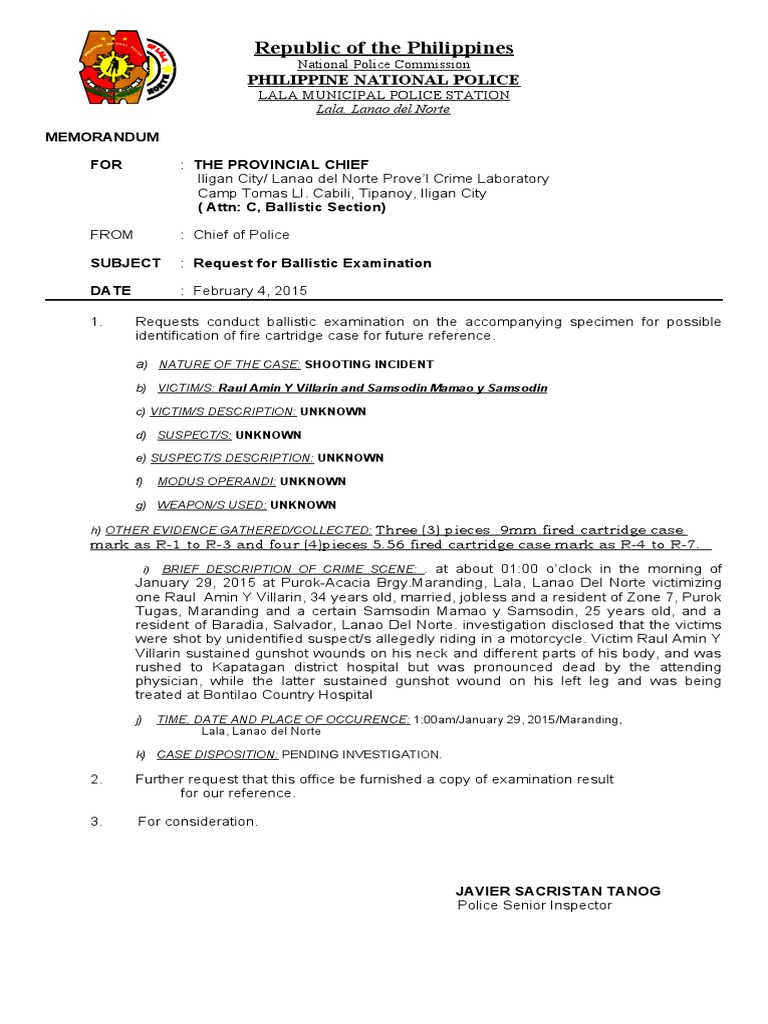 Ballistic Examination Request Memo | PDF | Law Enforcement | Crime ...