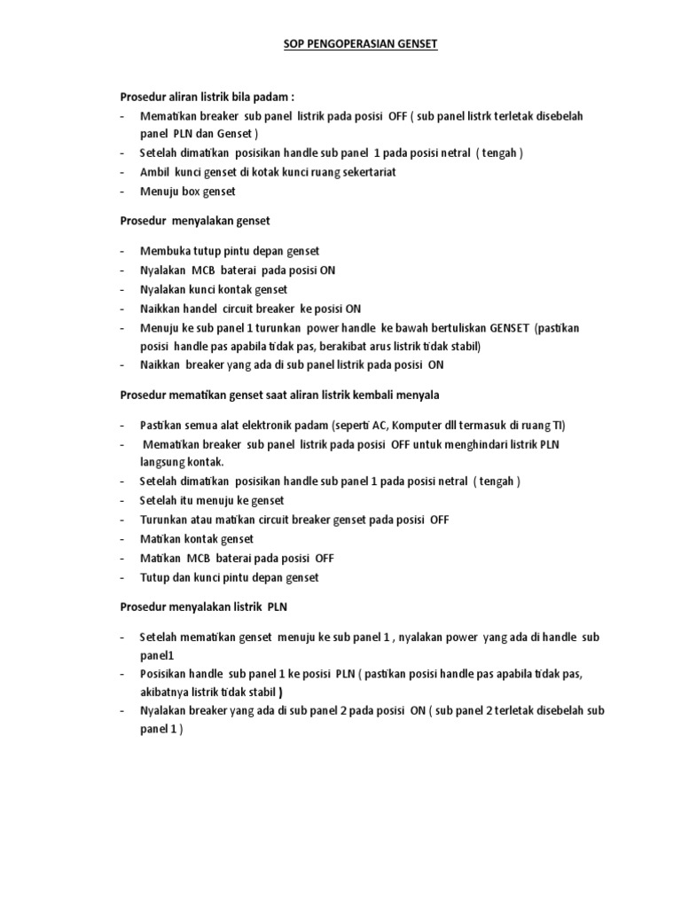 Sop Listrik Padam Dan Menyalakan Genset | PDF