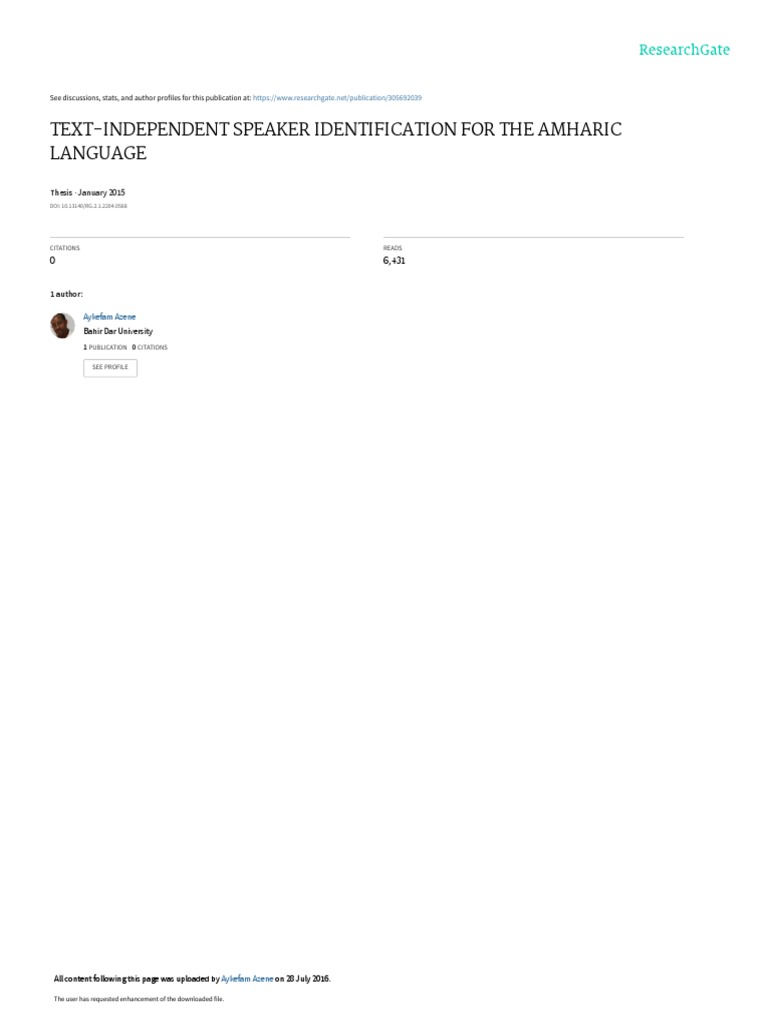 Text Independent Speaker Identification For The Amharic Language Pdf