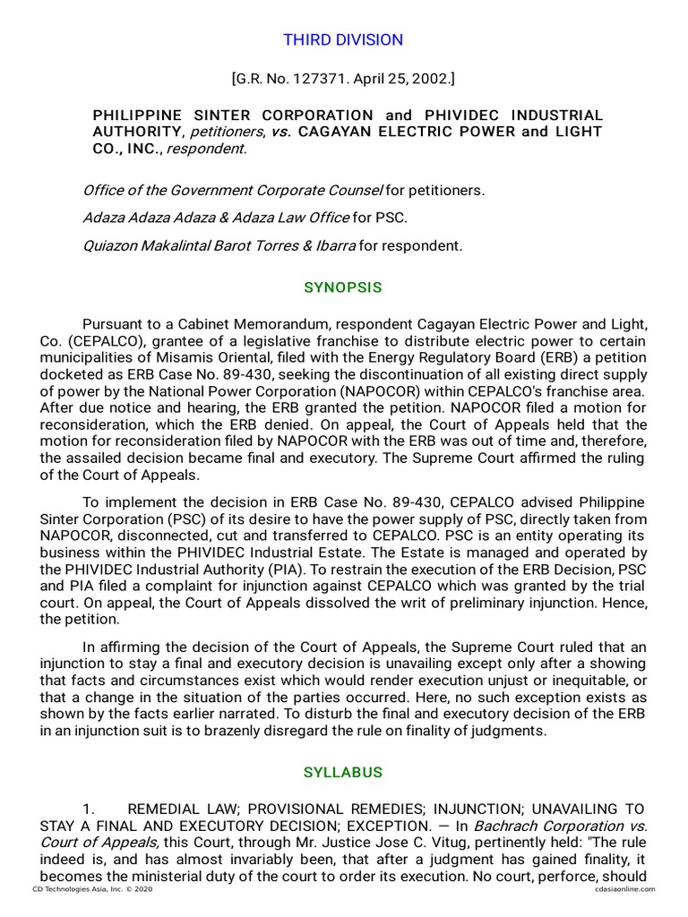 Philippine Sinter Corp. v. Cagayan Electric | PDF | Injunction ...