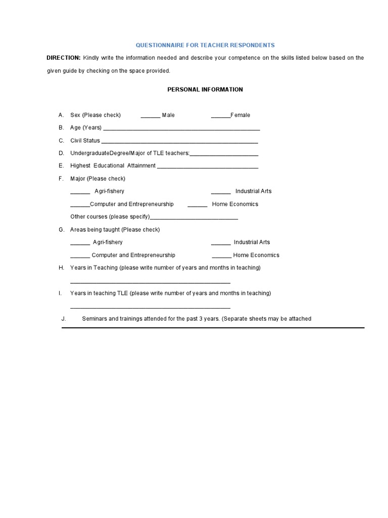 Teacher Competence Questionnaire for TLE | PDF | Classroom Management ...