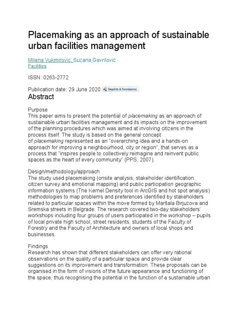 Placemaking As An Approach of Sustainable Urban Facilities Management ...