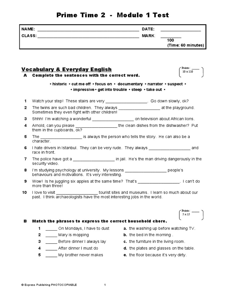 Prime Time 2 Mod 1 Test | PDF