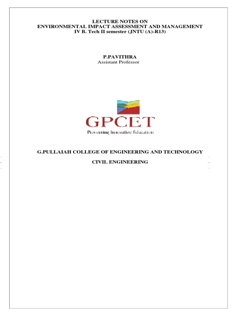 Lecture Notes On Environmental Impact Assessment and Management IV B ... Lecture Notes On Environmental Impact Assessment and Management IV B ...