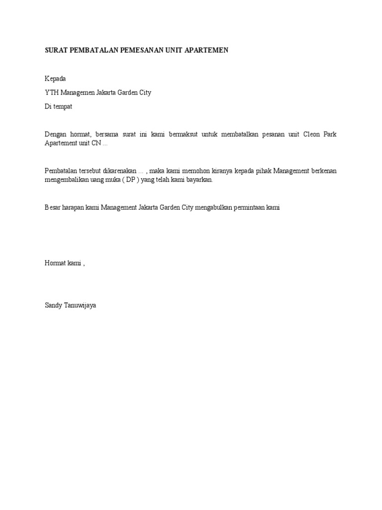 Surat Pembatalan Pesanan Apartemen Pdf