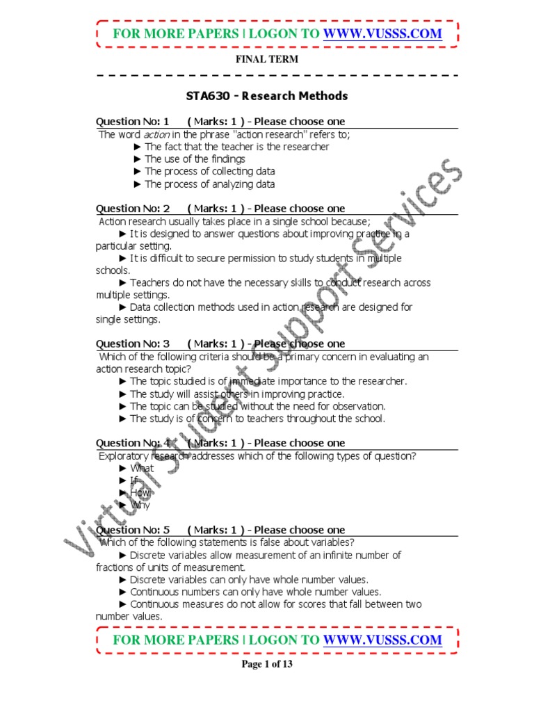 STA630 - Research Methods - UnSolved - Final Term Paper - 02 | PDF ...