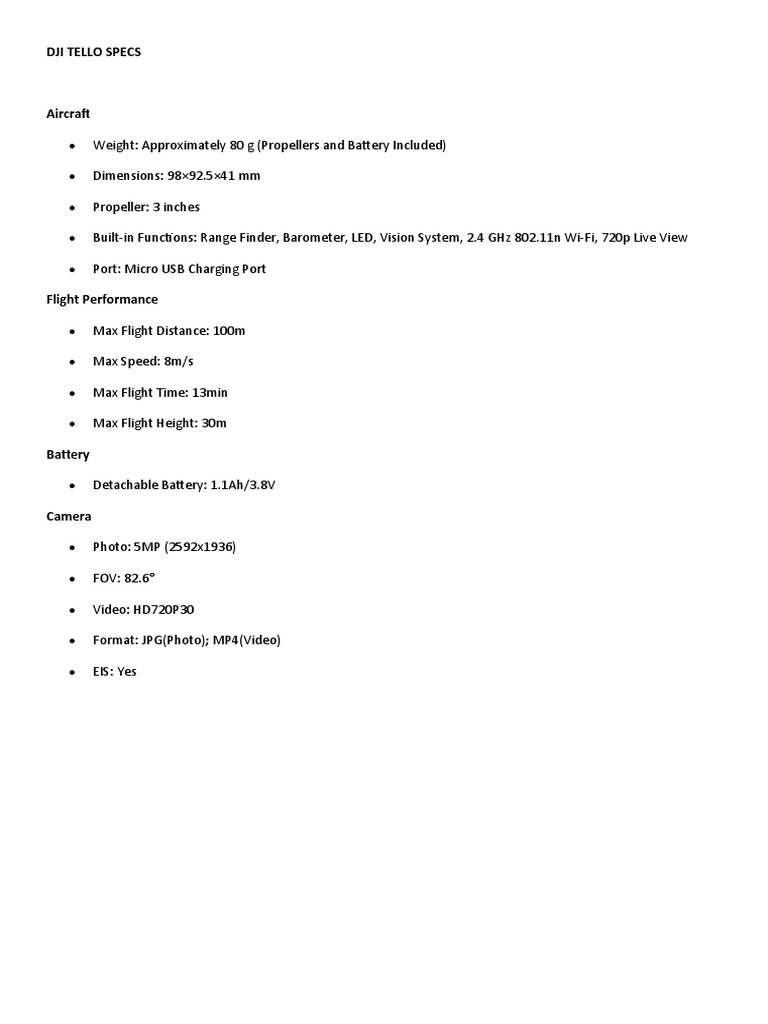 DJI Tello Drone Specifications | PDF | Business | Computers