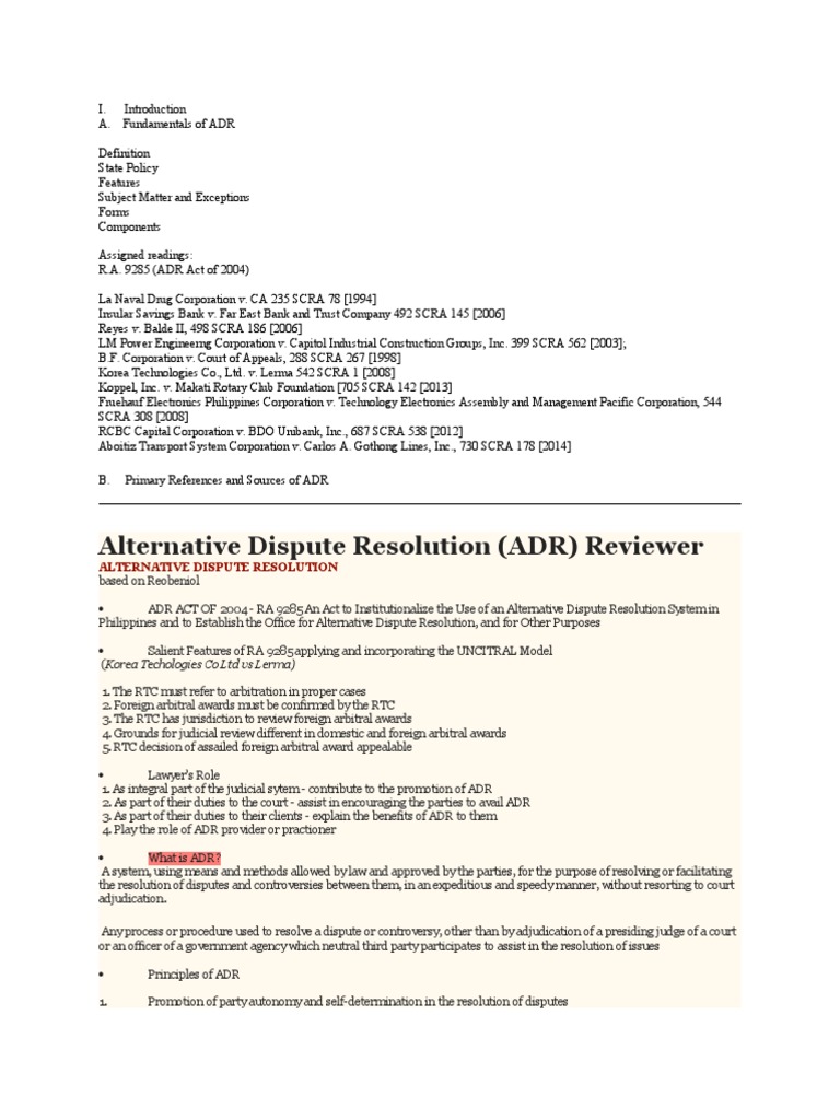 Alternative Dispute Resolution (ADR) Reviewer | PDF | Alternative ...
