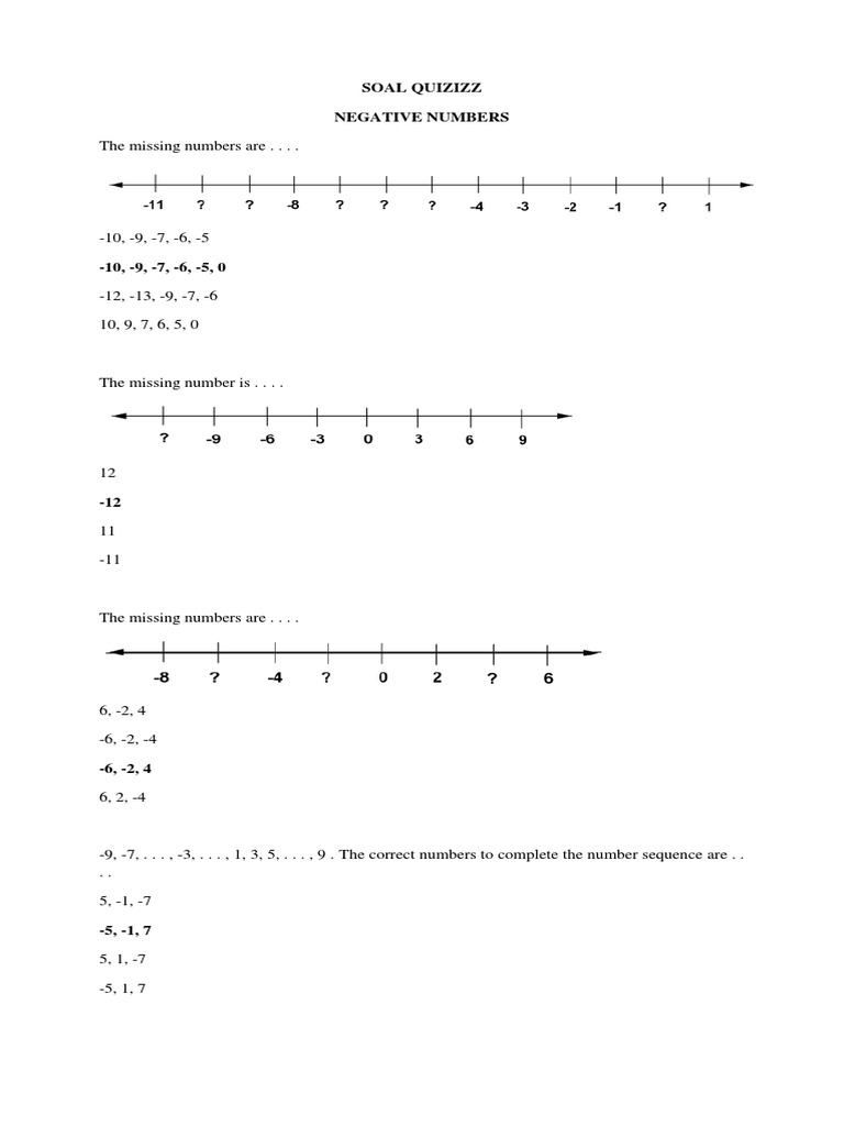 Soal Quizizz-Negative Numbers | PDF