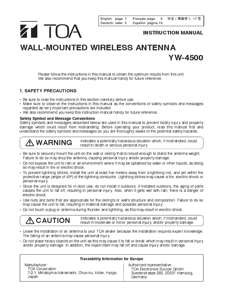 TOA Wall Mount Antenna Yw-4500 | PDF | Antenna (Radio) | Coaxial Cable