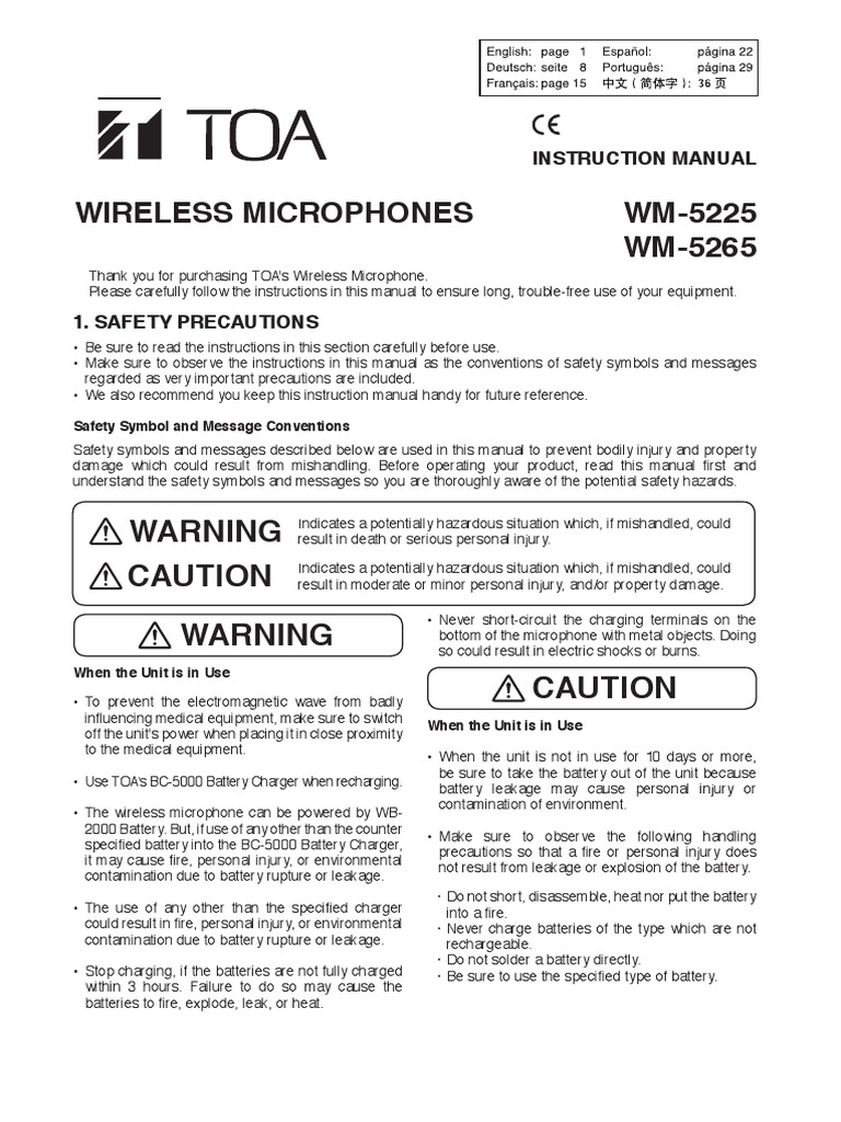 TOA Wireless Microphone wm-5225 | PDF | Battery Charger | Microphone