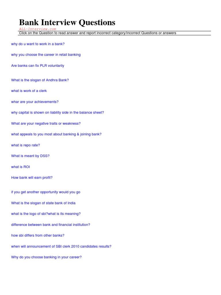 Bank Interview Questions | PDF | Employment | Question