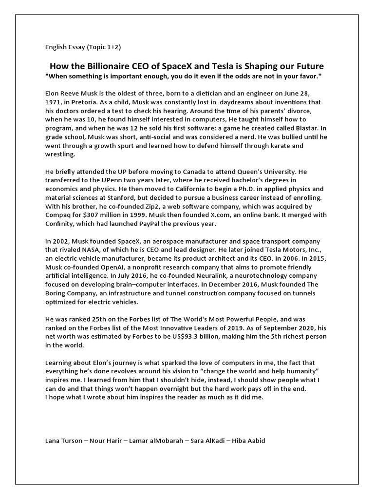 Elon Musk - English Essay | PDF | Elon Musk | Computing And Information ...