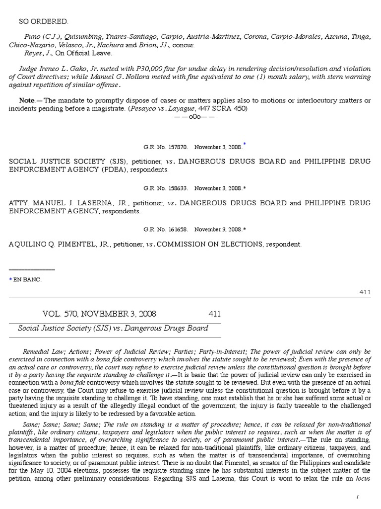 SJS vs. Dangerous Drugs Board, 570 SCRA 410 (2008) | PDF | Standing ...