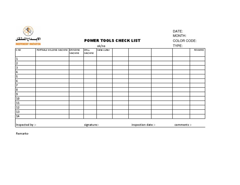 Power Tools Check List: Date: Month: Color Code: Ok/no Type | PDF